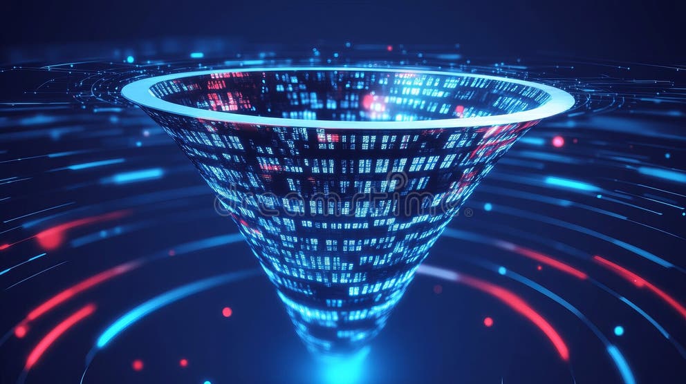 Digital Funnel with Binary Code on Dark Blue Background. Futuristic Data Stream and Information ...