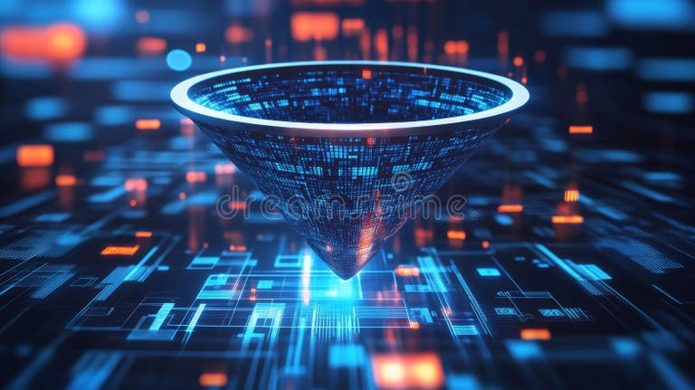 Digital Funnel Data Visualization, Abstract Concept, 3D Render, Blue ...