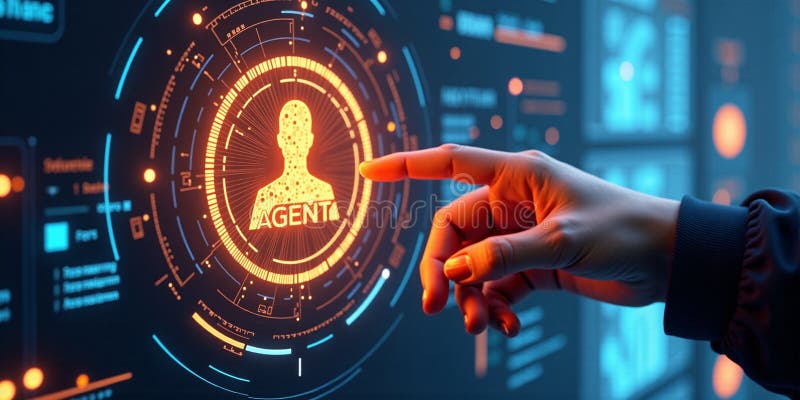 Hand Touching Glowing AI Agent Icon and Business Analytics Interface ...