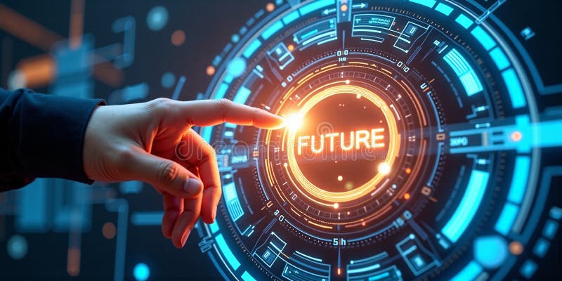 Hand Touching Glowing Future Icon and Business Analytics Interface ...