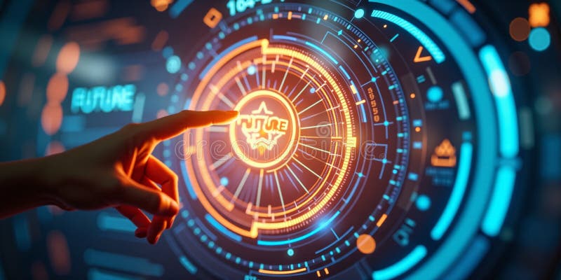Hand Touching Glowing Future Icon and Business Analytics Interface ...