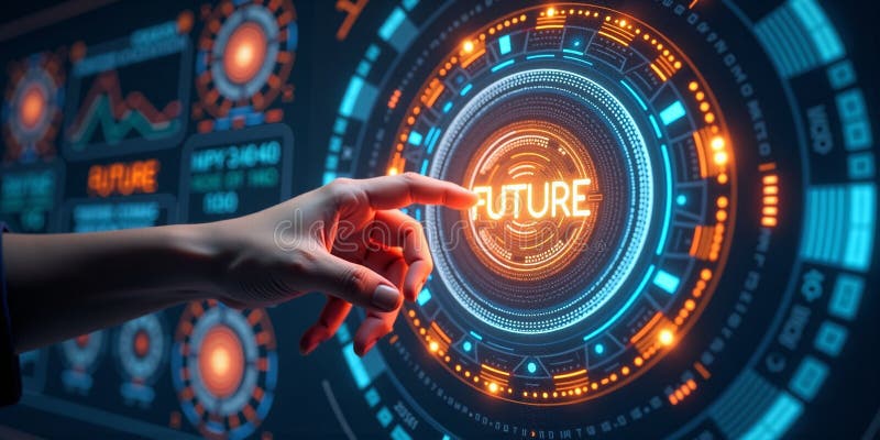 Hand Touching Glowing Future Icon and Business Analytics Interface ...