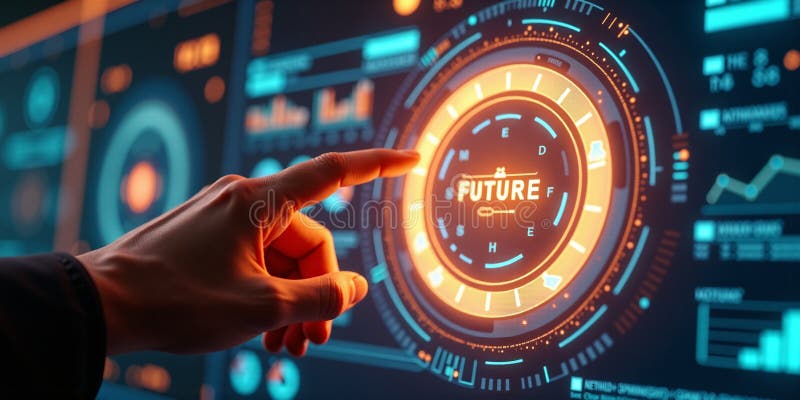 Hand Touching Glowing Future Icon and Business Analytics Interface ...