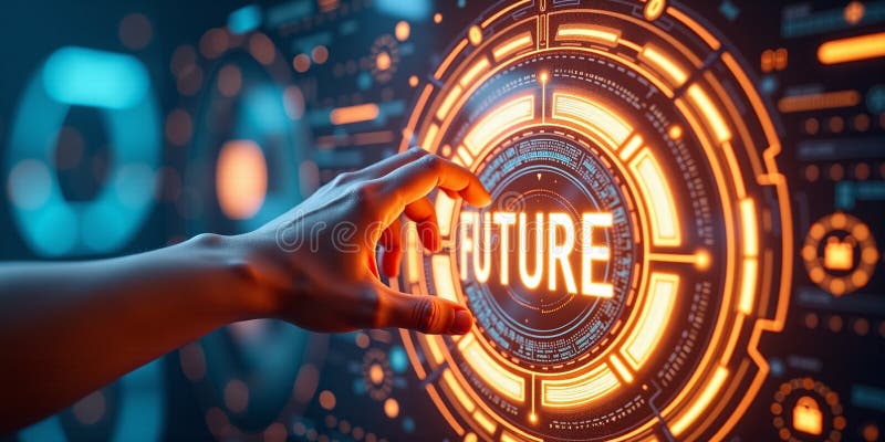 Hand Touching Glowing Future Icon and Business Analytics Interface ...