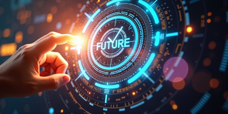 Hand Touching Glowing Future Icon and Business Analytics Interface Stock Illustration ...