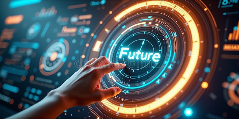 Hand Touching Glowing Future Icon and Business Analytics Interface ...