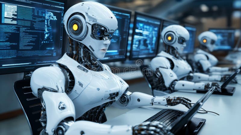 Digital Future Robots Programming on Computer Screens in Advanced Tech Lab Stock Illustration ...