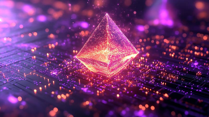 Digital Future Technology Conceptual Neon Pyramid on Circuit Board with ...