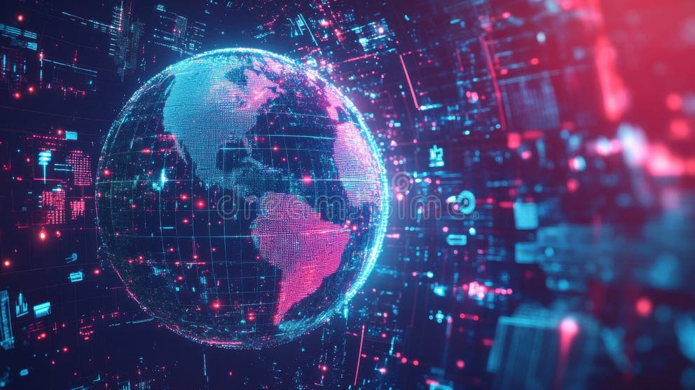 Digital Futuristic Globe with Neon Technology and Data Networks. Net ...