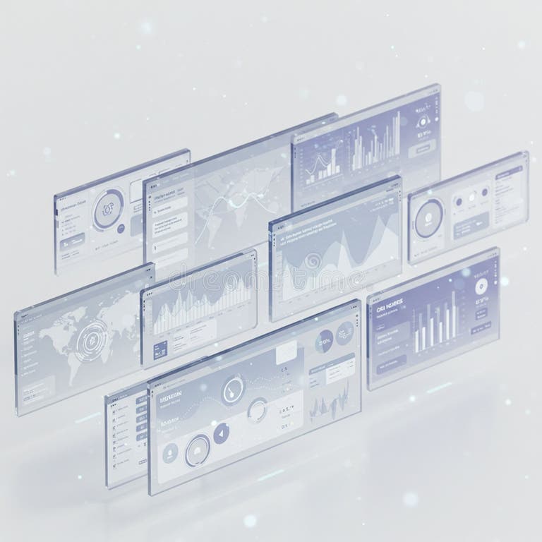 A Digital, Futuristic Interface Displays Multiple Transparent Screens with Various Data Stock ...