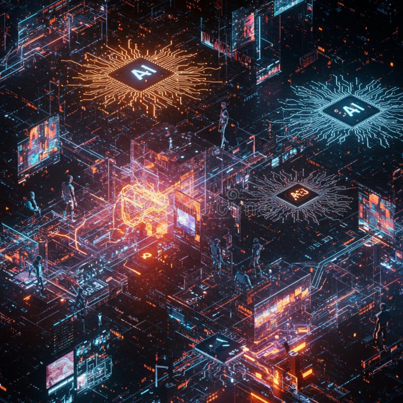 A Digital, Futuristic Scene with Various People Interacting in a ...