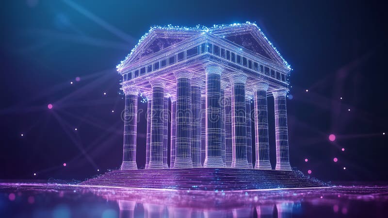 Digital Futuristic Temple with Neon Lights Symbolizing Technology and ...