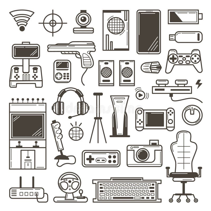 Digital Gadget Doodle Elements. Computer Games and Social Media Icons ...