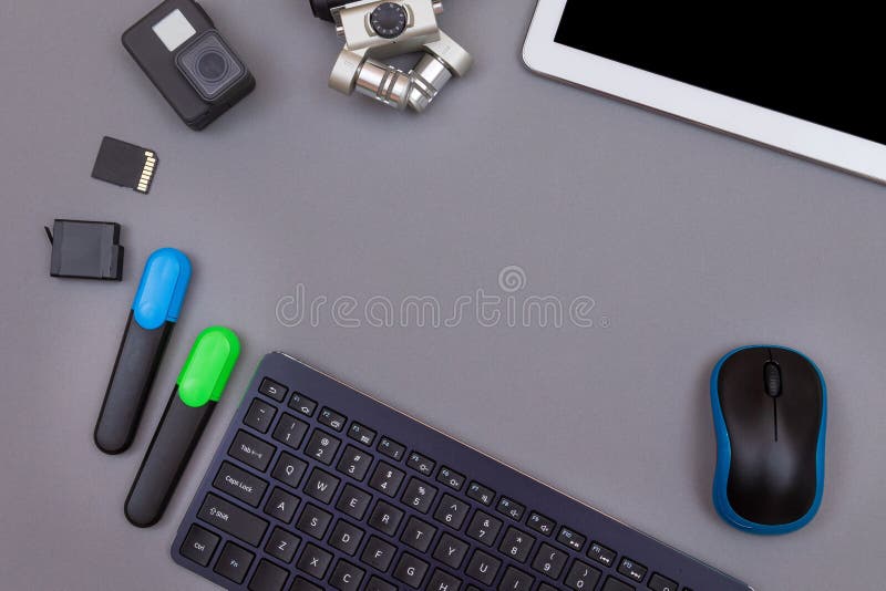 Digital Gadgets on Grey Table - Video Blogger& X27;s Workplace Stock ...