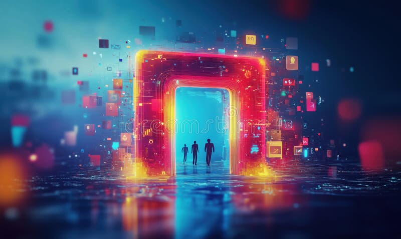 Digital Gateway with Silhouettes Entering a Vibrant Virtual World of ...