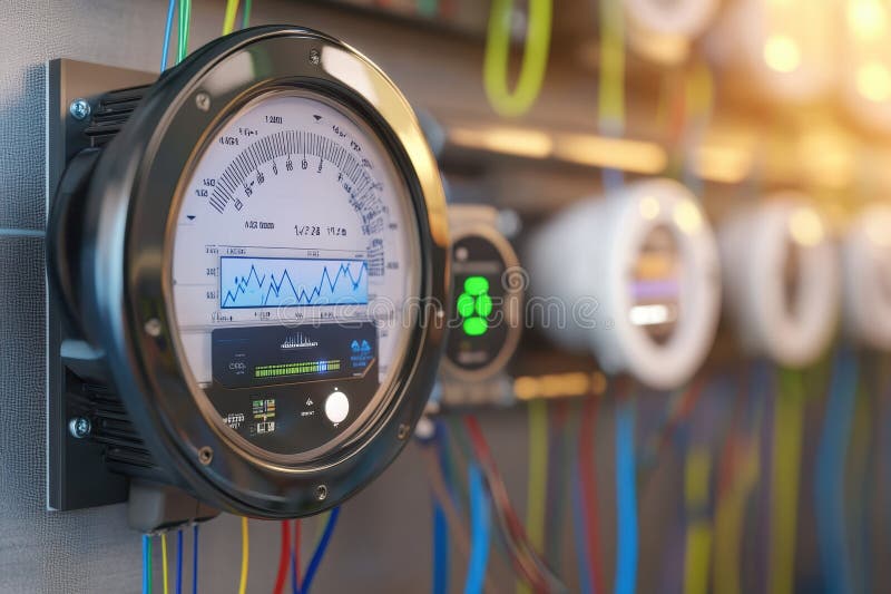 Digital Gauges Display Data in a Modern Laboratory with Colorful Wiring ...