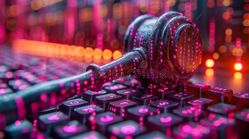 A Digital Gavel with Binary Code Patterns Placed on a Keyboard, Glowing ...