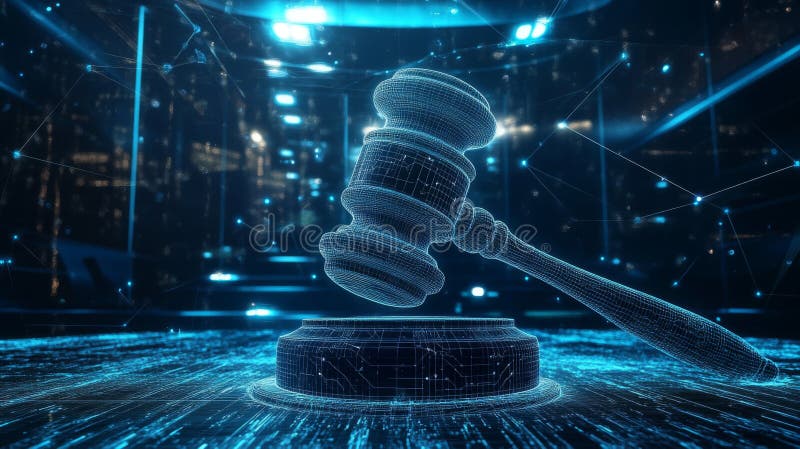 Digital Gavel in a Futuristic Blue Digital Space Stock Illustration ...