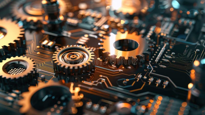 Digital Gear Wheels Meshed on a Circuit Board Signify High-tech ...