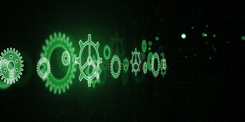 Digital Gears and Cogs on a Dark Green Background Symbolizing ...