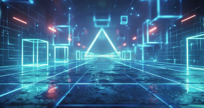 Digital Geometric Shapes on a Glowing Grid in a Virtual Space Stock ...