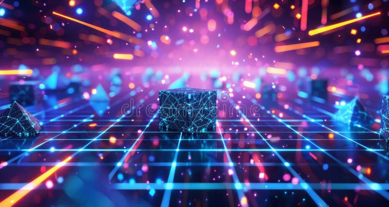 Digital Geometric Shapes on a Glowing Grid in a Virtual Space Stock ...