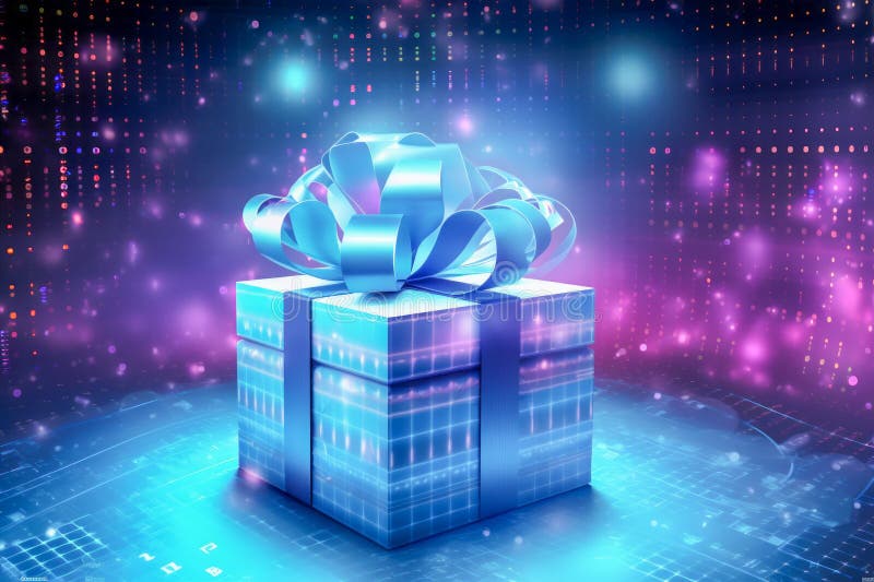 A Digital Gift Box with a Ribbon Bow, Suspended in Luminous Internet ...