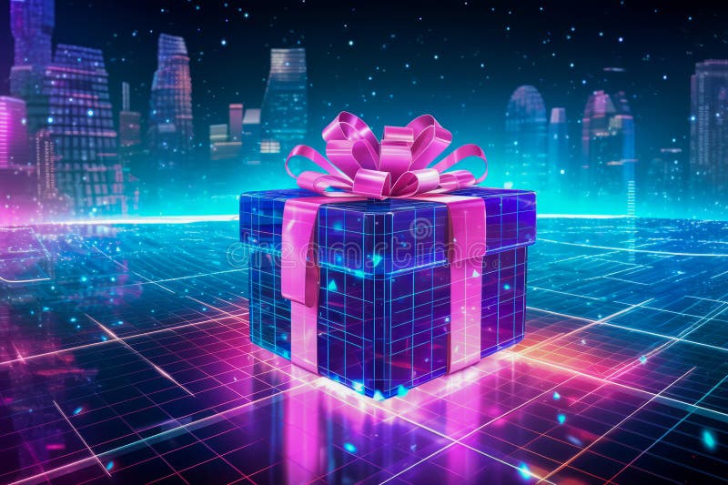 A Digital Gift Box with a Ribbon Bow, Suspended in Luminous Internet ...