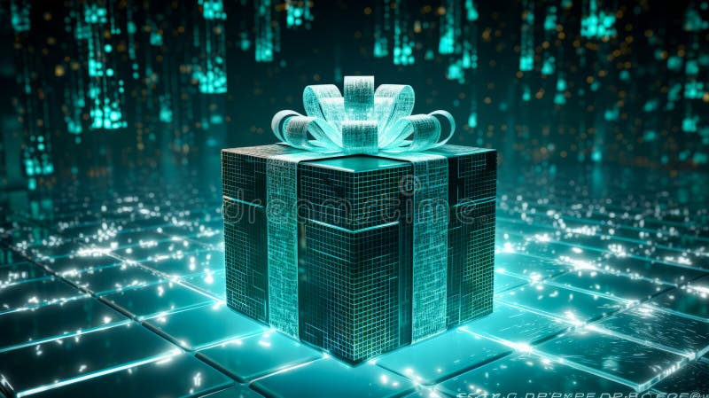 A Digital Gift Box with a Ribbon Bow, Suspended in Luminous Internet ...
