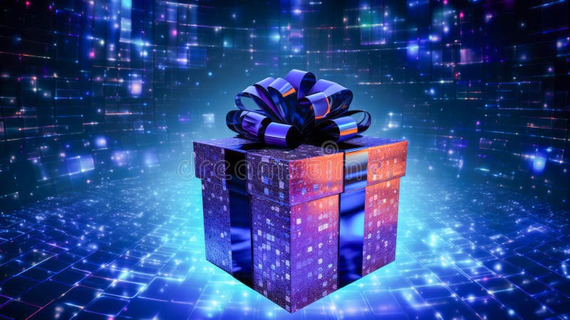 A Digital Gift Box with a Ribbon Bow, Suspended in Luminous Internet ...