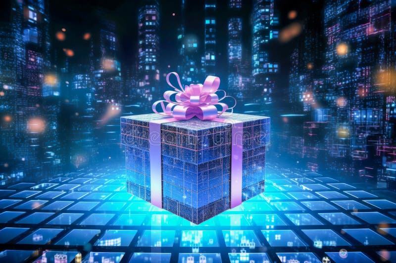 A Digital Gift Box with a Ribbon Bow, Suspended in Luminous Internet ...