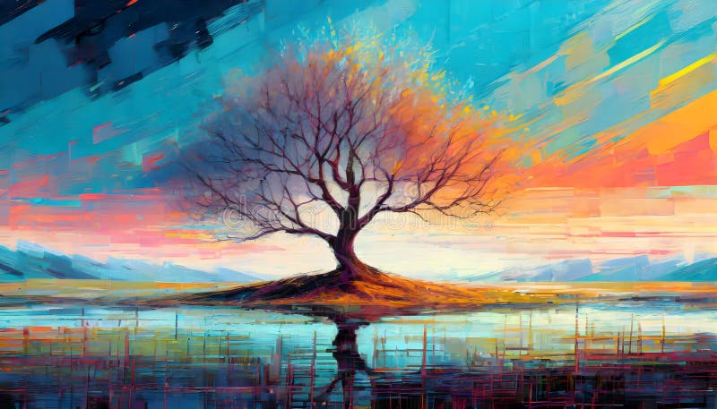 A Digital Glitch Art Masterpiece with View of Leafless Lonely Tree ...