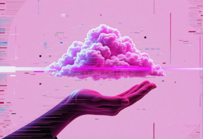 Digital Glitch Art Style Image with Distorted Cloud in Hand and a Pink ...