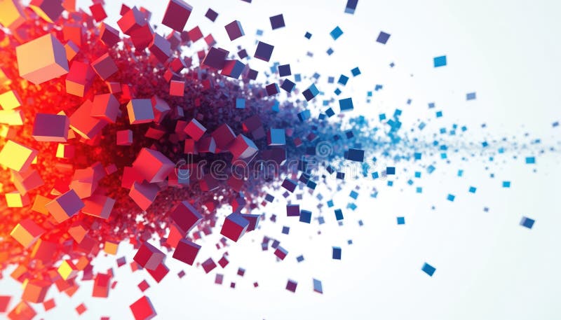 Digital Glitch Explosion Illustration with Red and Blue Cubes Breaking ...