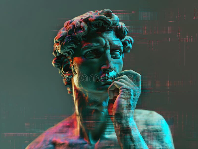 Digital Glitch Statue Contemplation Stock Illustration - Illustration ...