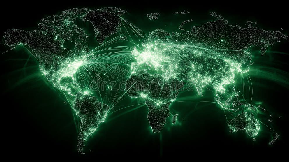 Digital Global Map with Glowing Green Network Nodes, Abstract Data ...