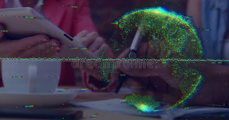 Digital Globe Animation Over People Collaborating with Tablets and ...