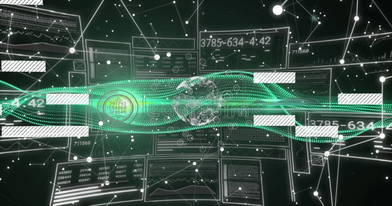 Digital Globe Being Visualized in Virtual Interface, with Green Data Stream and Floating Charts ...
