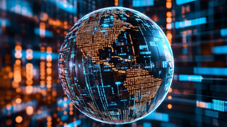 Digital Globe of Binary Code Glowing with Blue and Orange Cyber Network ...
