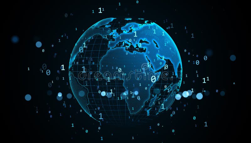 Digital Globe with Binary Code Over Glowing Blue World Map on Dark Background Representing ...