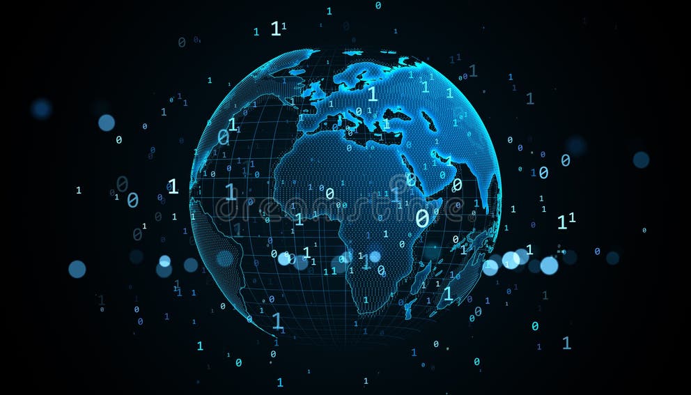Digital Globe with Binary Code Over Glowing Blue World Map on Dark Background Representing ...