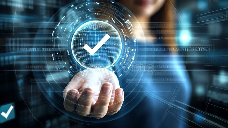Digital Globe with Check Mark in Hand, Showcasing Technology and Connectivity for Trusted Future ...