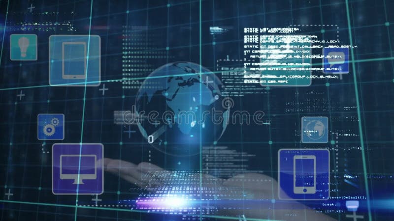 Digital Globe and Coding Animation Over Hands Interacting with Virtual Interface Stock Footage ...