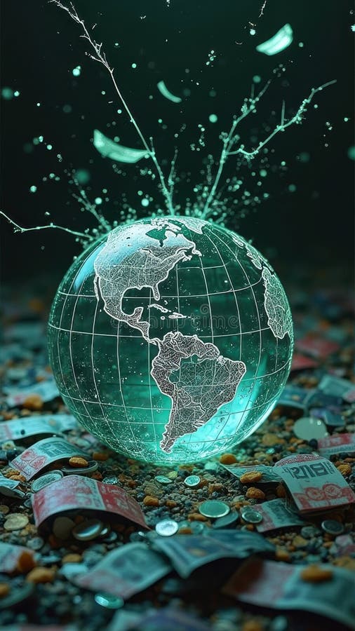 Digital Globe with Currency and Coins Exploding in Creative Financial ...