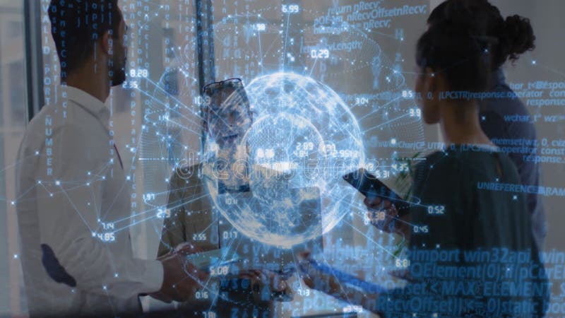 Digital Globe and Data Animation Over People Collaborating in Modern ...