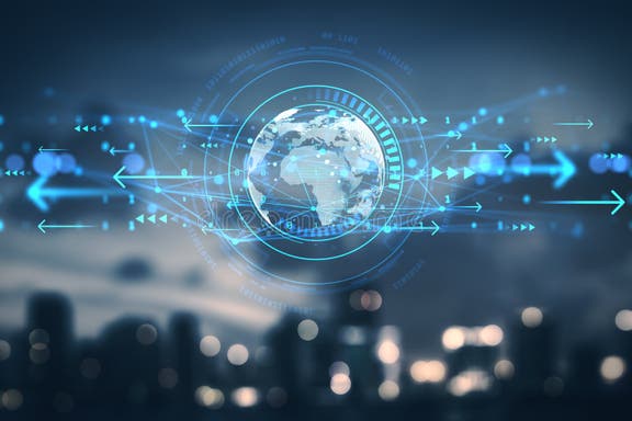Digital Globe with Data Flow Arrows and Binary Code Over City Skyline ...