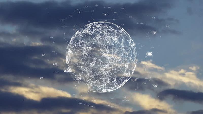 Digital Globe with Data Points Animation Over Cloudy Sky Background ...