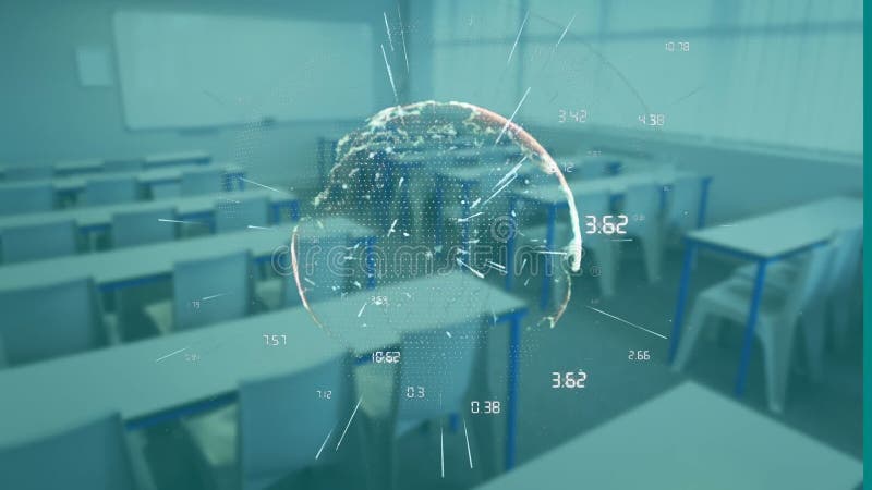 Digital Globe and Data Points Animation Over Empty Classroom with Desks ...