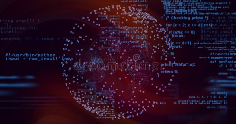 Digital Globe with Data Points and Coding Image Over Dark Red Background Stock Photo - Image of ...