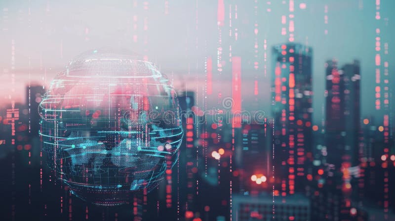 Futuristic Digital Globe with Cityscape Background Stock Illustration ...